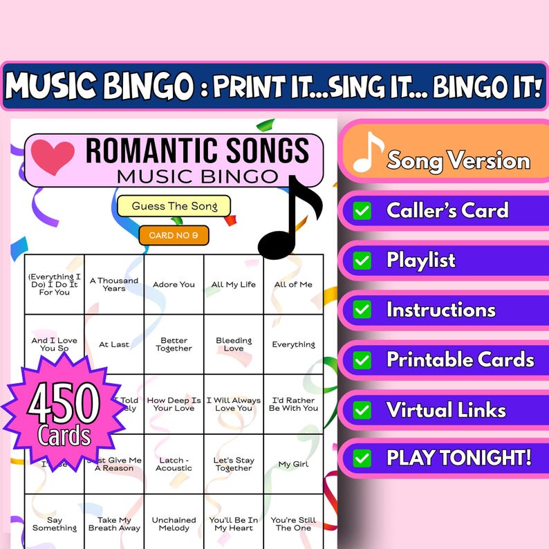 450 Card Love Songs Music Bingo – Valentine’s Party Game for Large ...