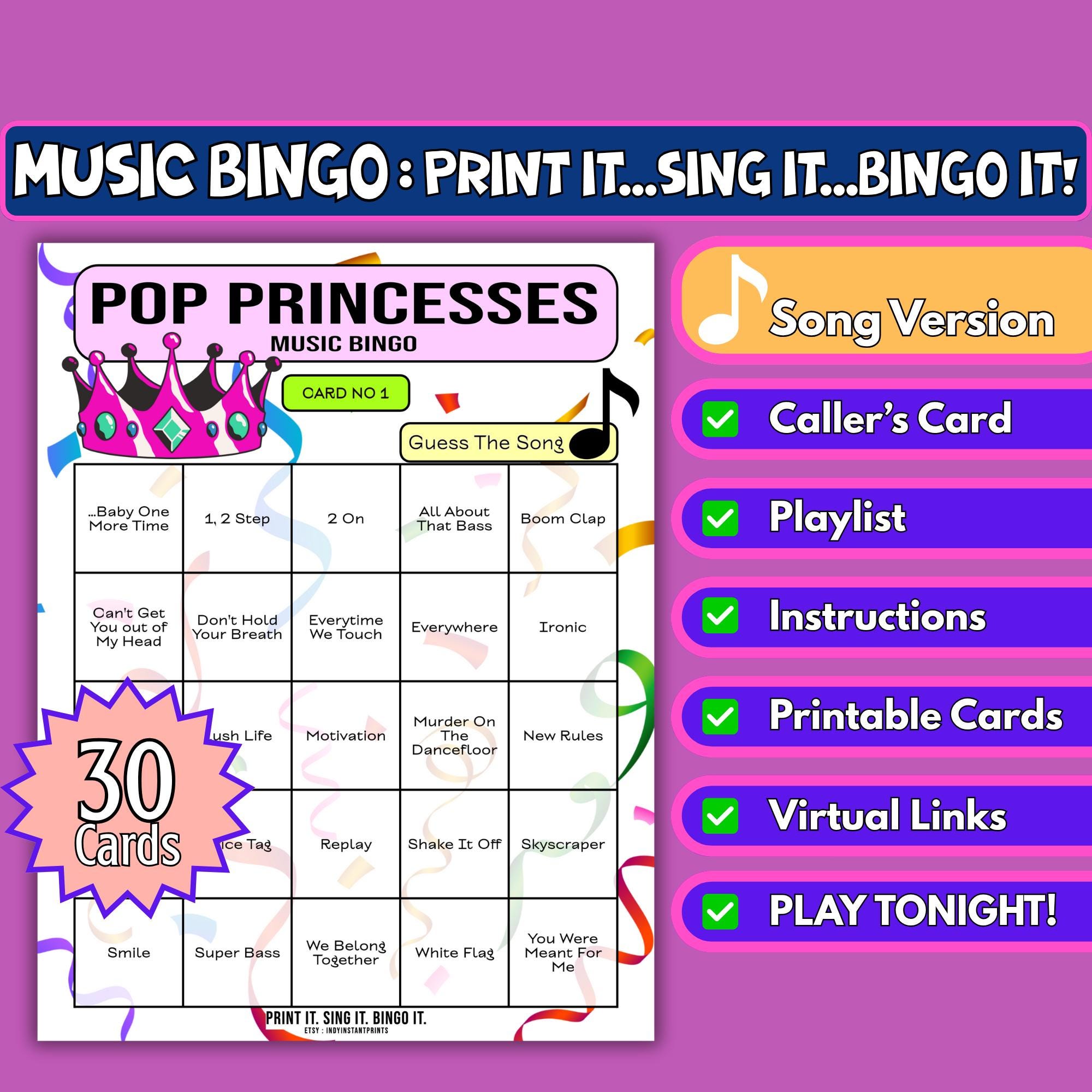 30-card Pop Princesses Music Bingo Cards | Printable Game for Hen Dos ...