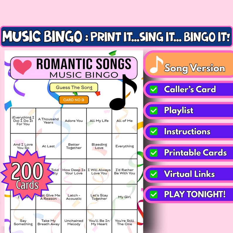 200 Card Love Songs Music Bingo – Valentine’s Party Game for Large ...