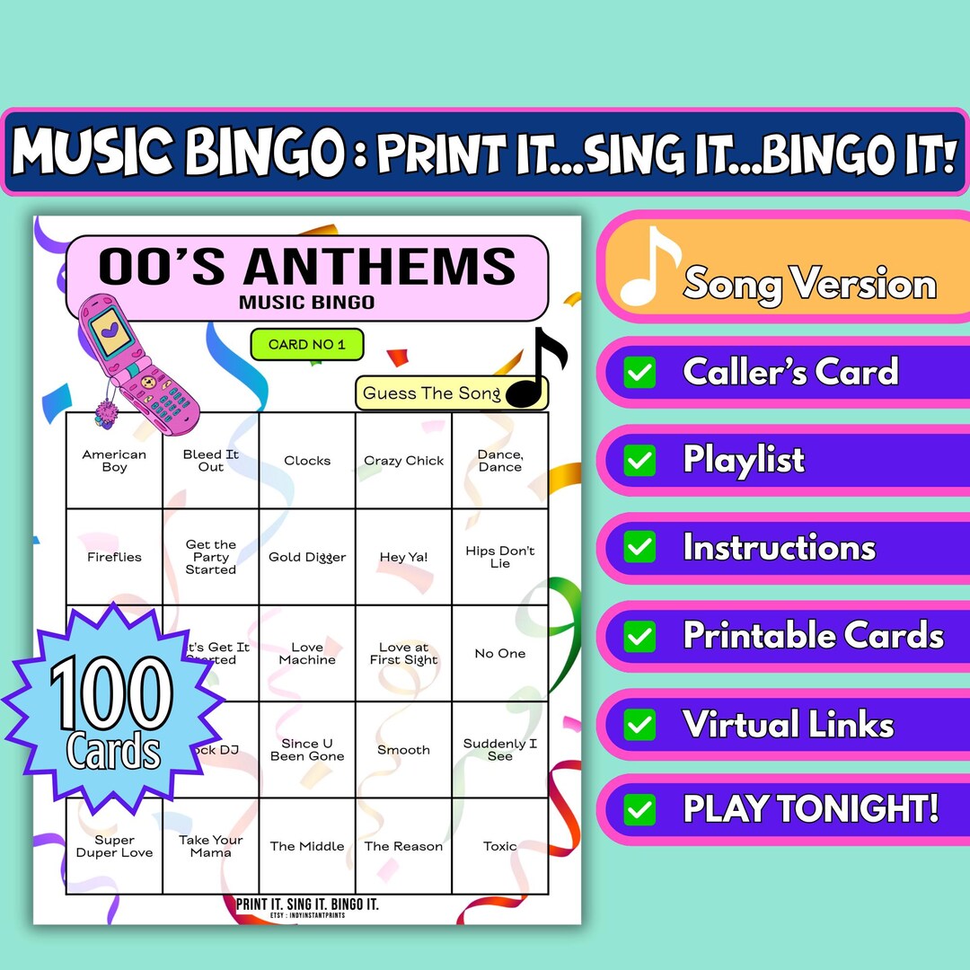Music Bingo Cards - 00s Anthems (2000s Hit Songs) | Guess the Song ...