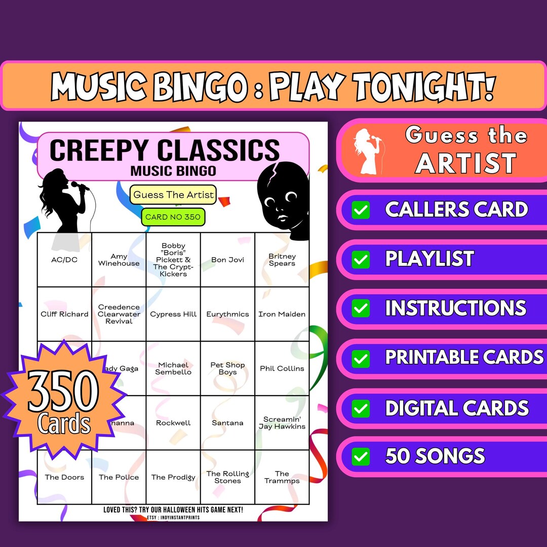 350 Card Creepy Classics Music Bingo – Guess the Artist – Spooky Party ...