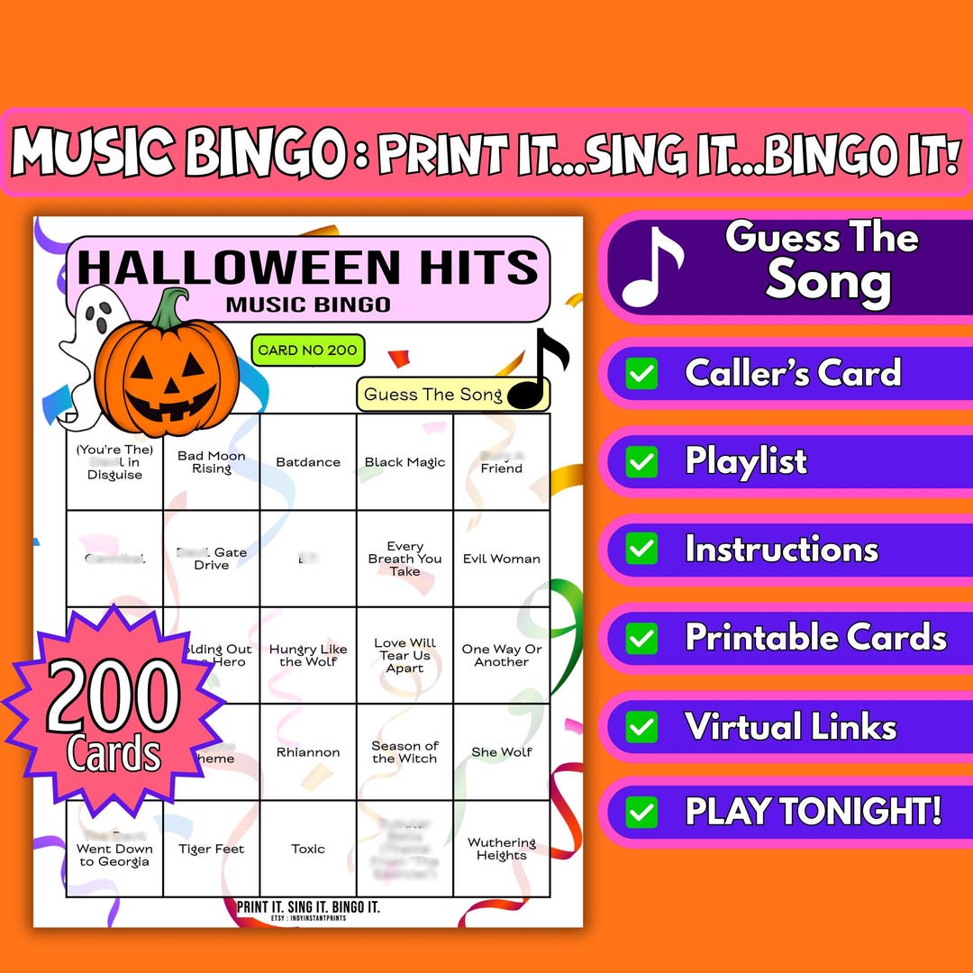 200 Card Halloween Music Bingo – Guess the Song Partygame, Halloween ...