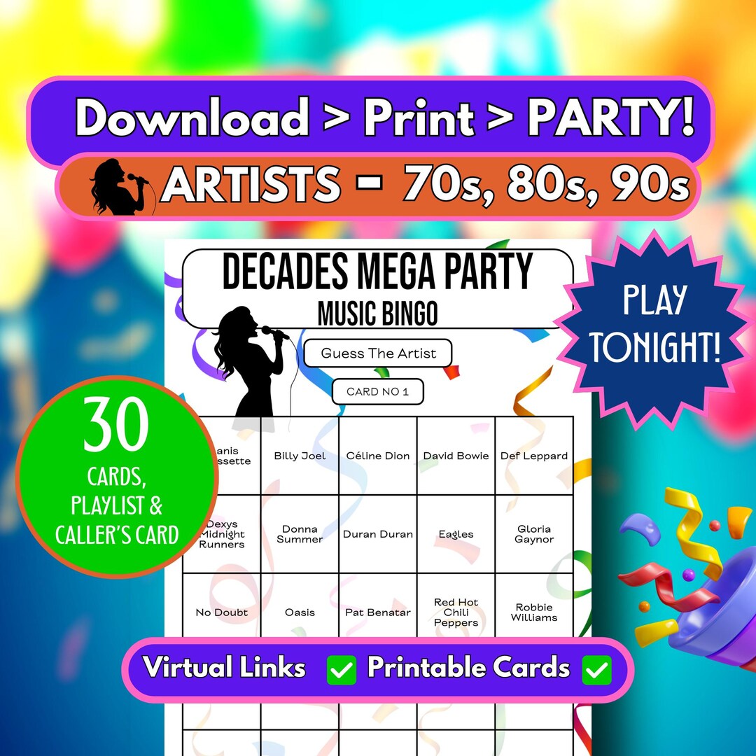 30 X 70s, 80s, 90s Party Music Bingo Cards | Artist Format | Family ...