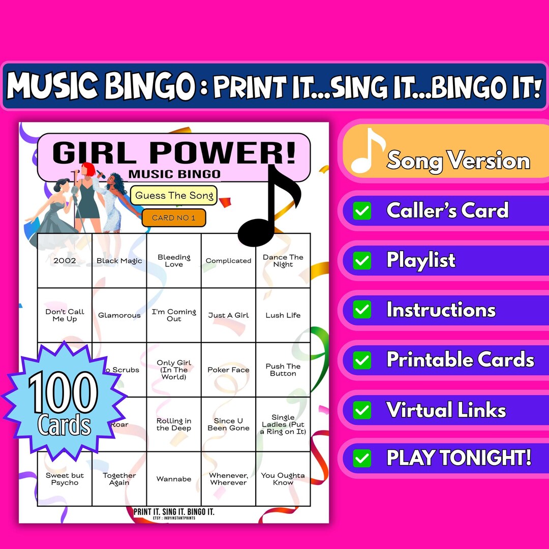 100-card Girl Power Music Bingo | Songs Format | Printable & Virtual ...