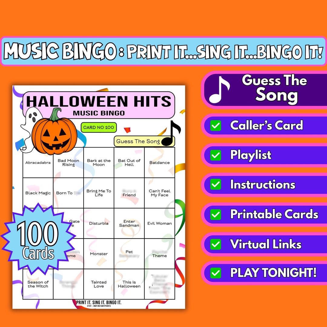 100 Card Halloween Music Bingo – Guess the Song Partygame, Halloween ...