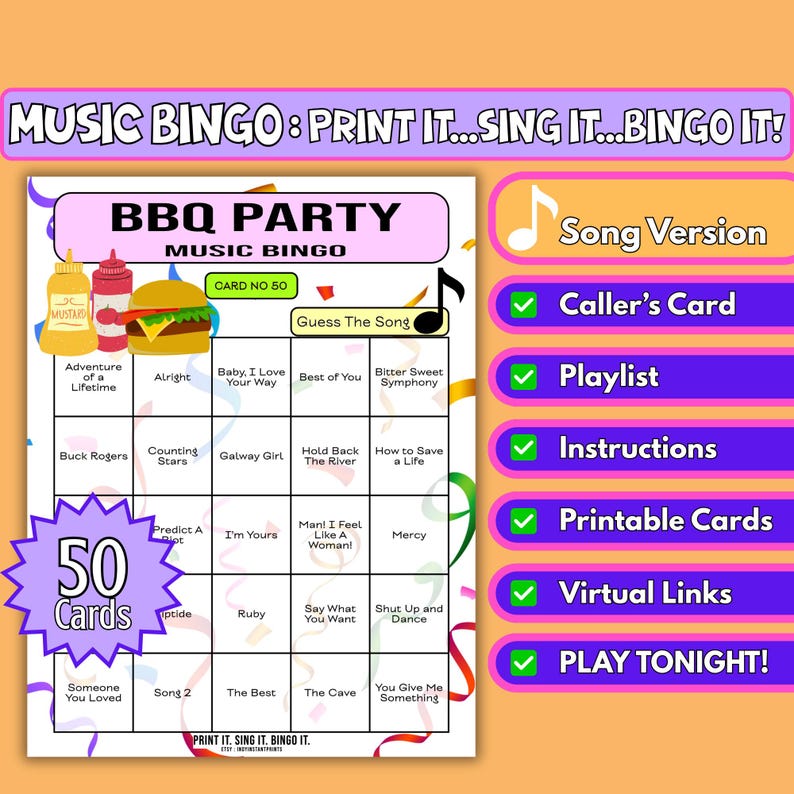 50-card BBQ Party Music Bingo | Printable Game for Garden Parties ...