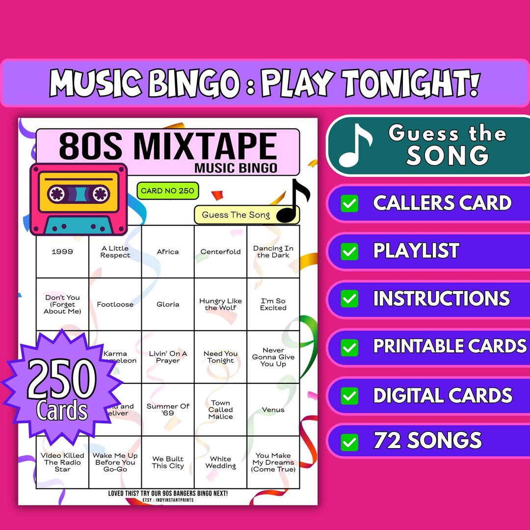 250 Card 80s Music Bingo Game. 1980s Guess the Song Party Game. - Etsy