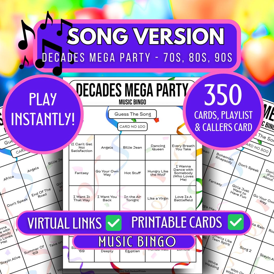 350 Decades Mega Party Music Bingo Cards | Printable Party Game ...