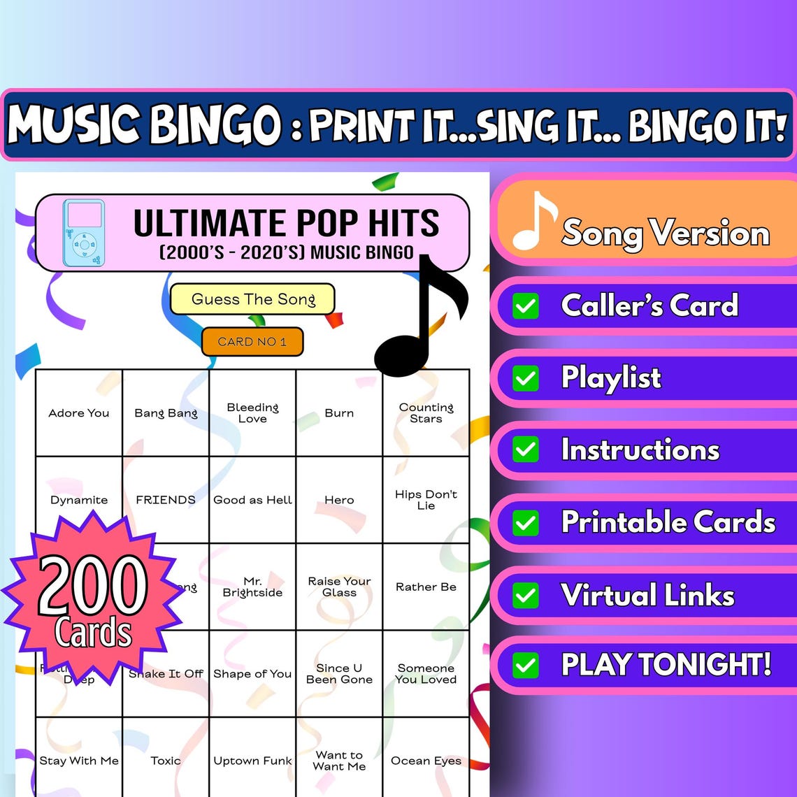 200-card 00s-2020 Pop Hits Music Bingo Cards | Songs Format | Family ...