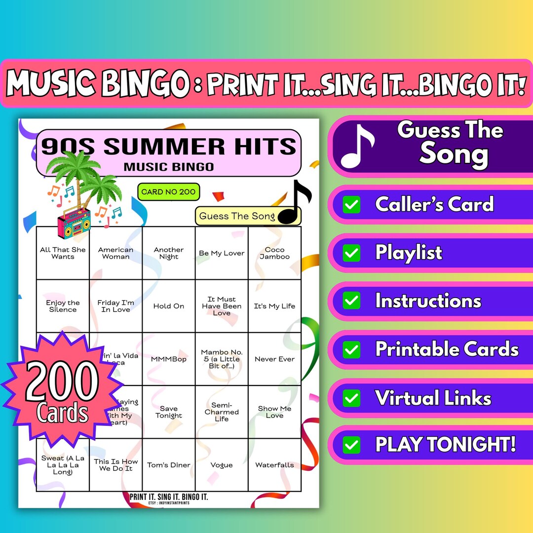 200 Card 90s Summer Hits Music Bingo, 90s Hip Hop, 90s Partygame ...