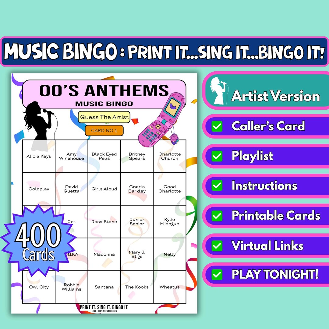 Music Bingo Cards - 00s Anthems (2000s Hit Songs) | Guess the Artist ...