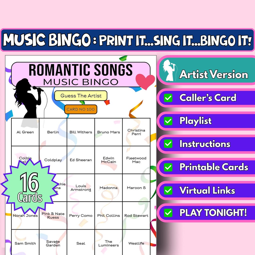 Bingo musical de 16 cartas con canciones de amor: juego de San Valentín ...