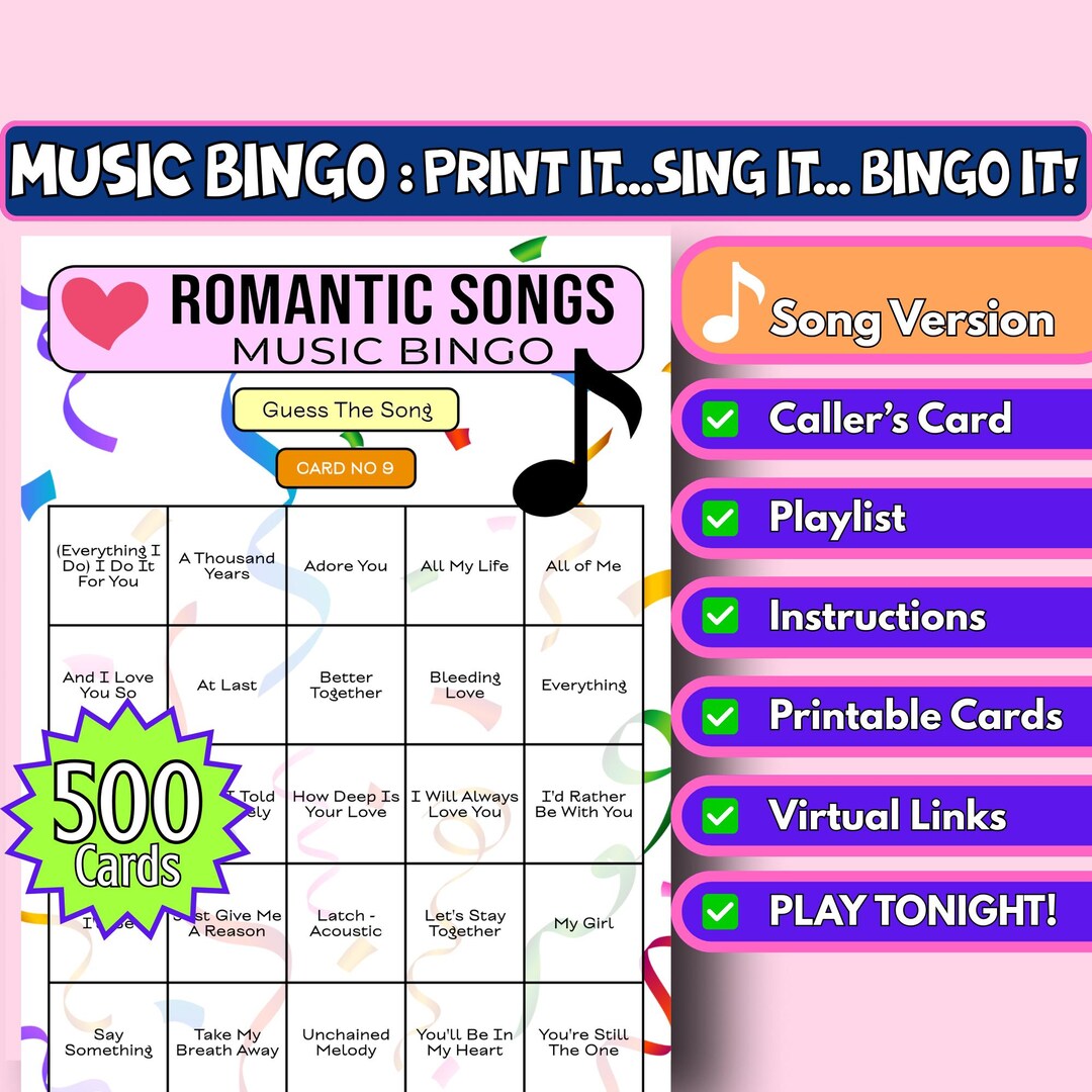 500 Card Love Songs Music Bingo – Valentine’s Music Game for Big Groups ...