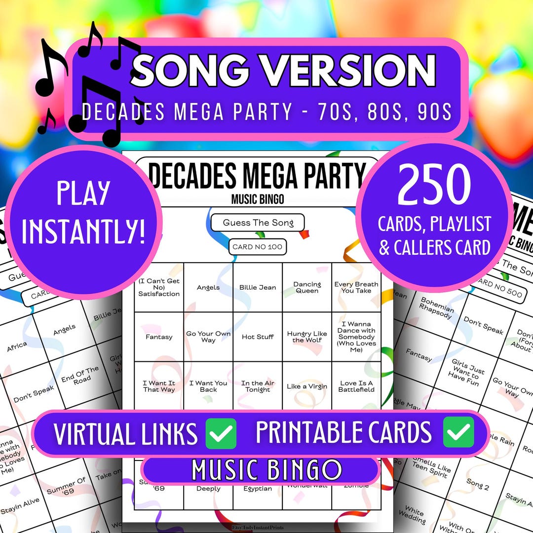 250 Decades Mega Party Music Bingo Cards | Printable Party Game ...
