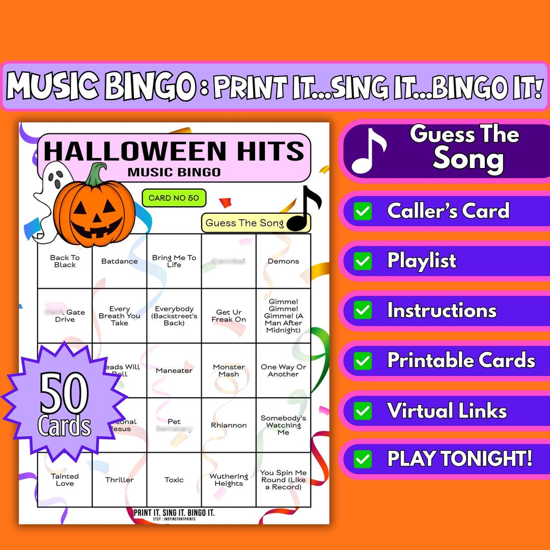 50 Card Halloween Music Bingo – Guess the Song Party Game, Printable ...