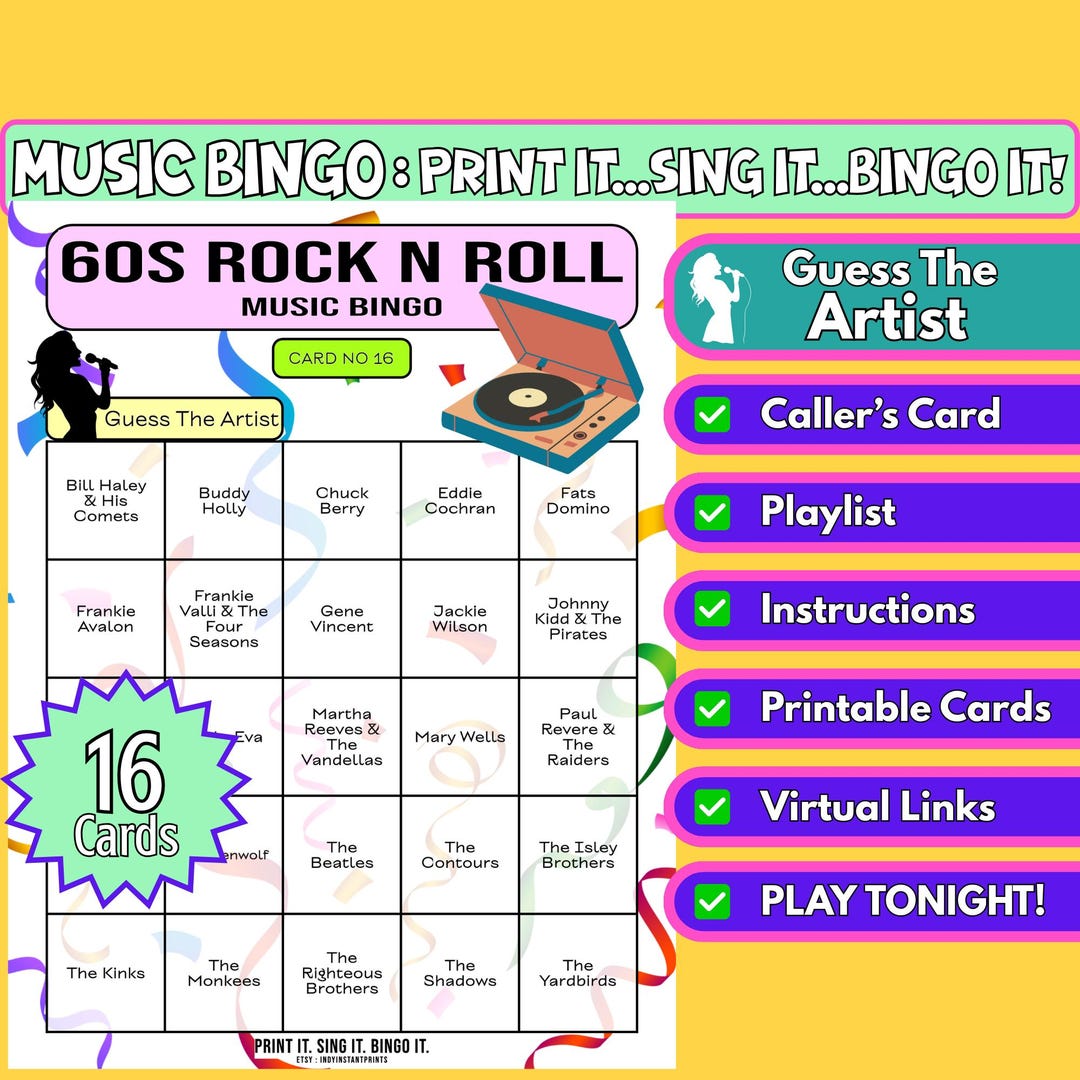 16-card 60s Rock N Roll Music Bingo | Slumber Party Bingo, Cheeky Night ...