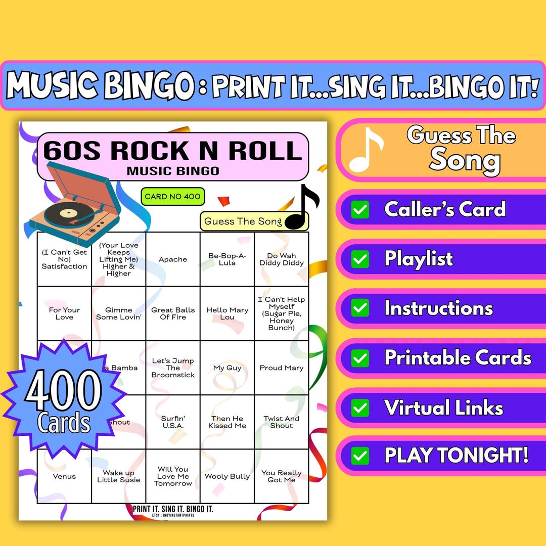 400 Card 60s Rock & Roll, 1960s Playlist Music Bingo, 60s Themed Party ...