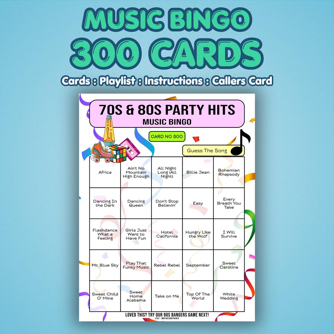 70s and 80s Music Bingo Cards – 1970s & 1980s Party Hits | 300 Cards ...