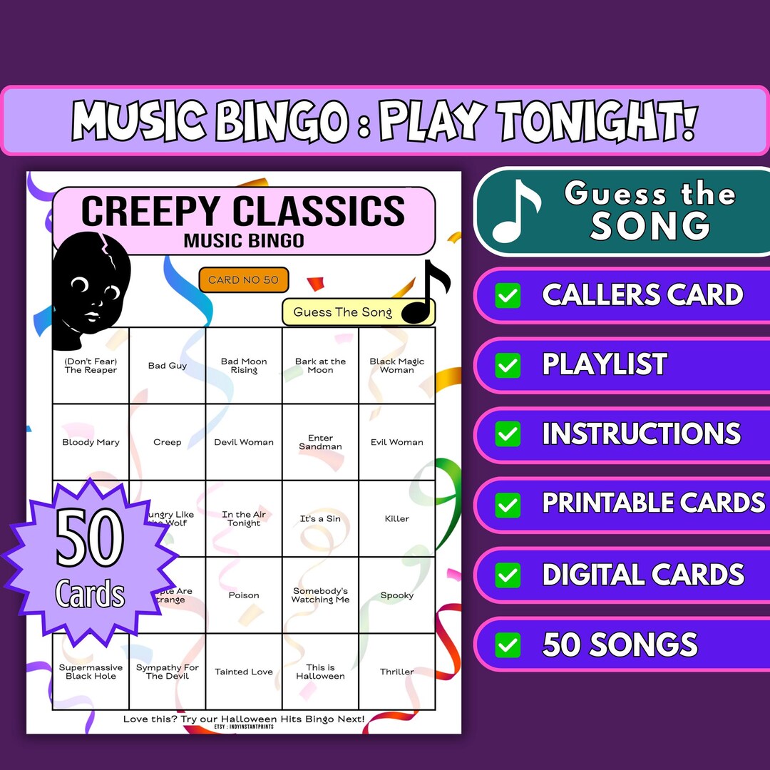 50 Card Creepy Classics Music Bingo – Guess the Song – Halloween Bingo ...