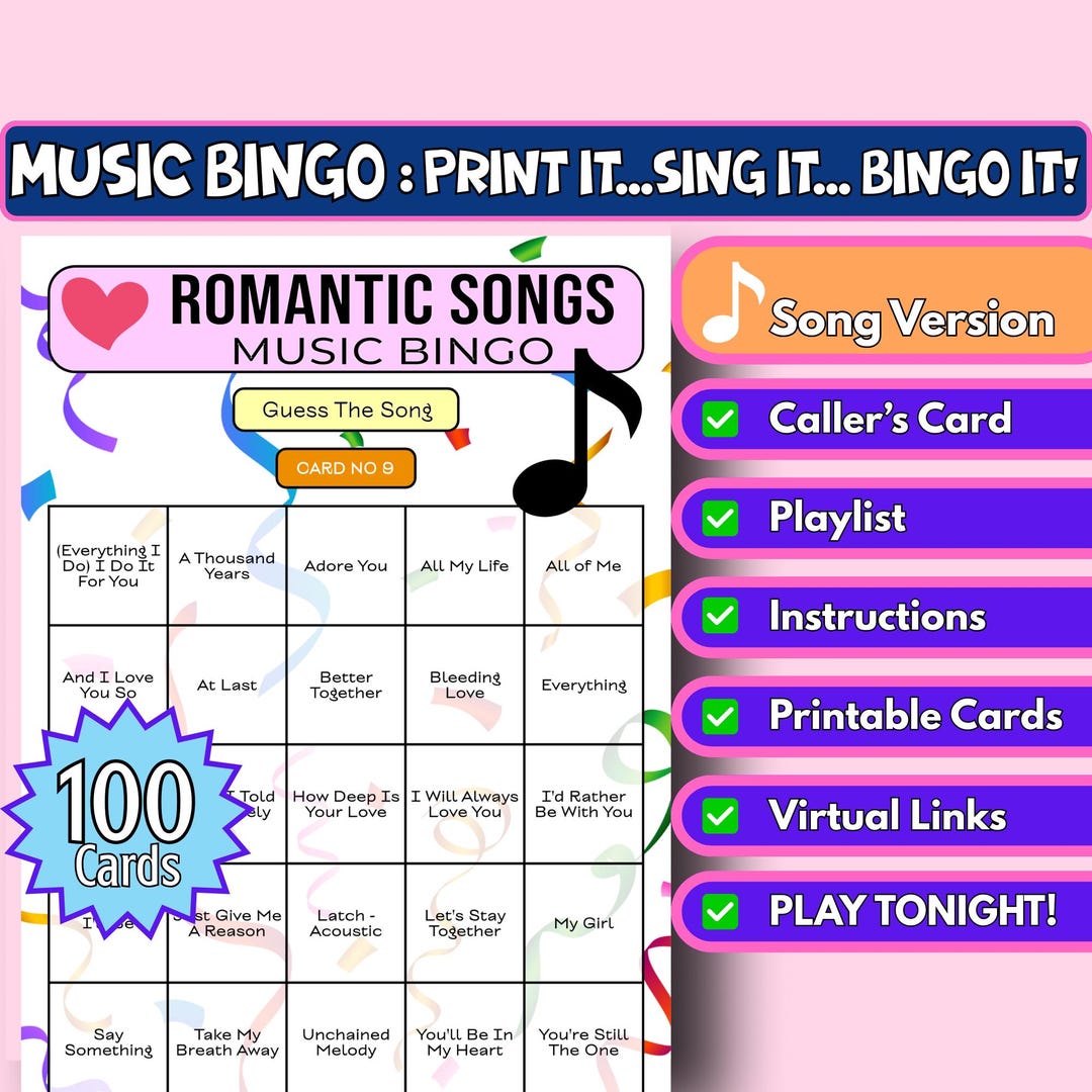 100 Card Love Songs Music Bingo – Valentine’s Party Game for Groups ...