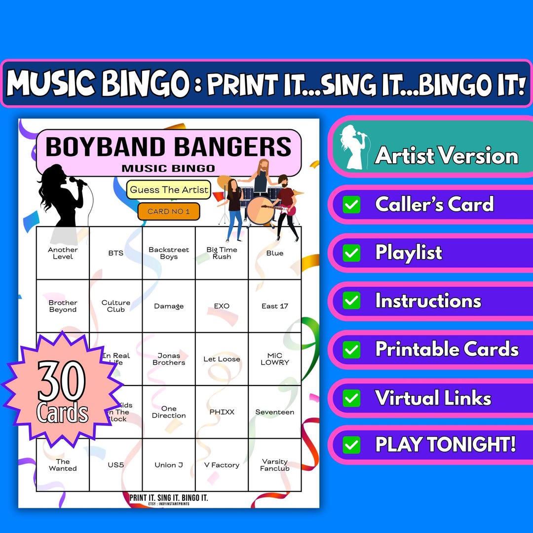 30-card Boyband Bangers Music Bingo | Artist Format | Printable Game ...