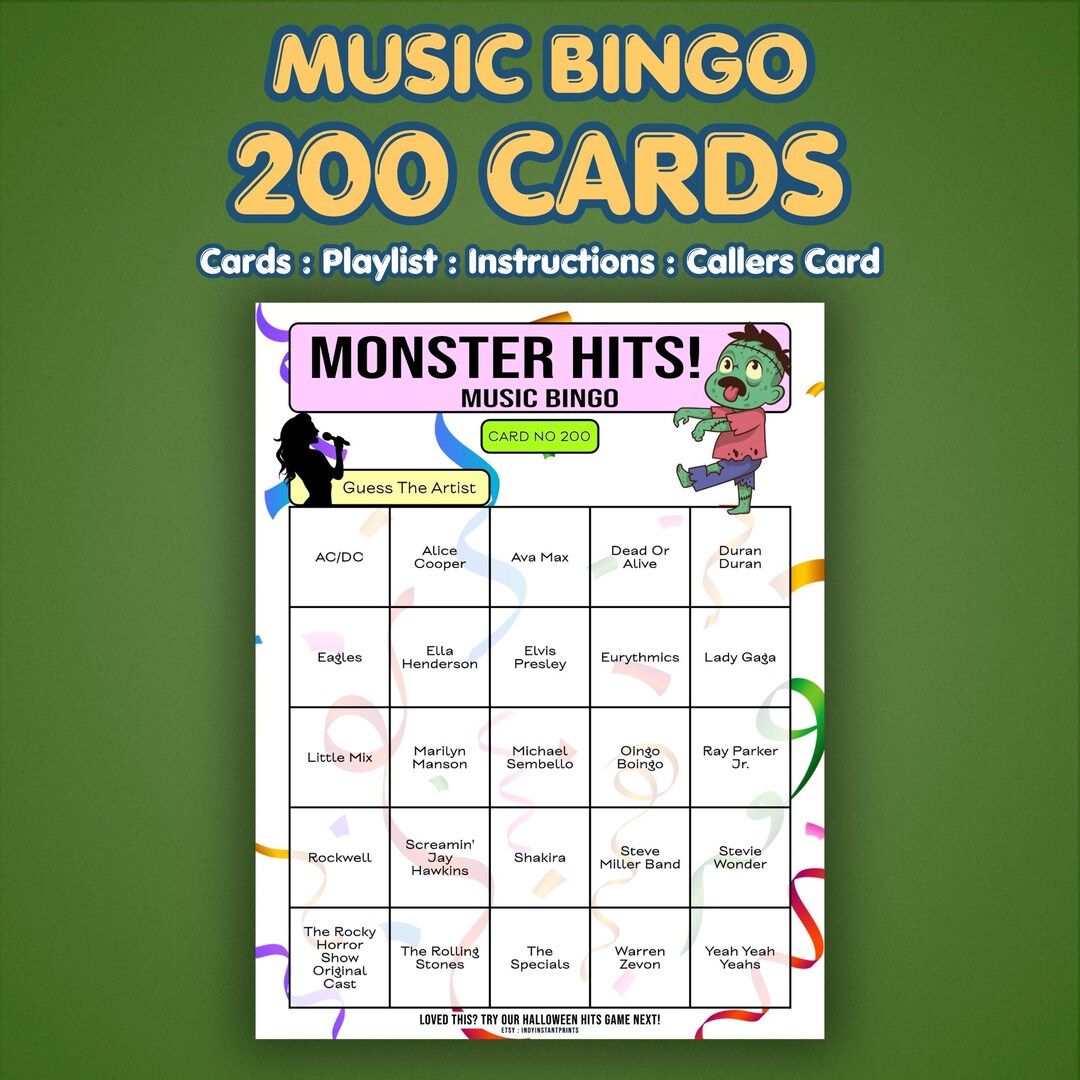 Halloween Music Bingo Cards – Monster Hits | 200 Cards | Fright Night ...