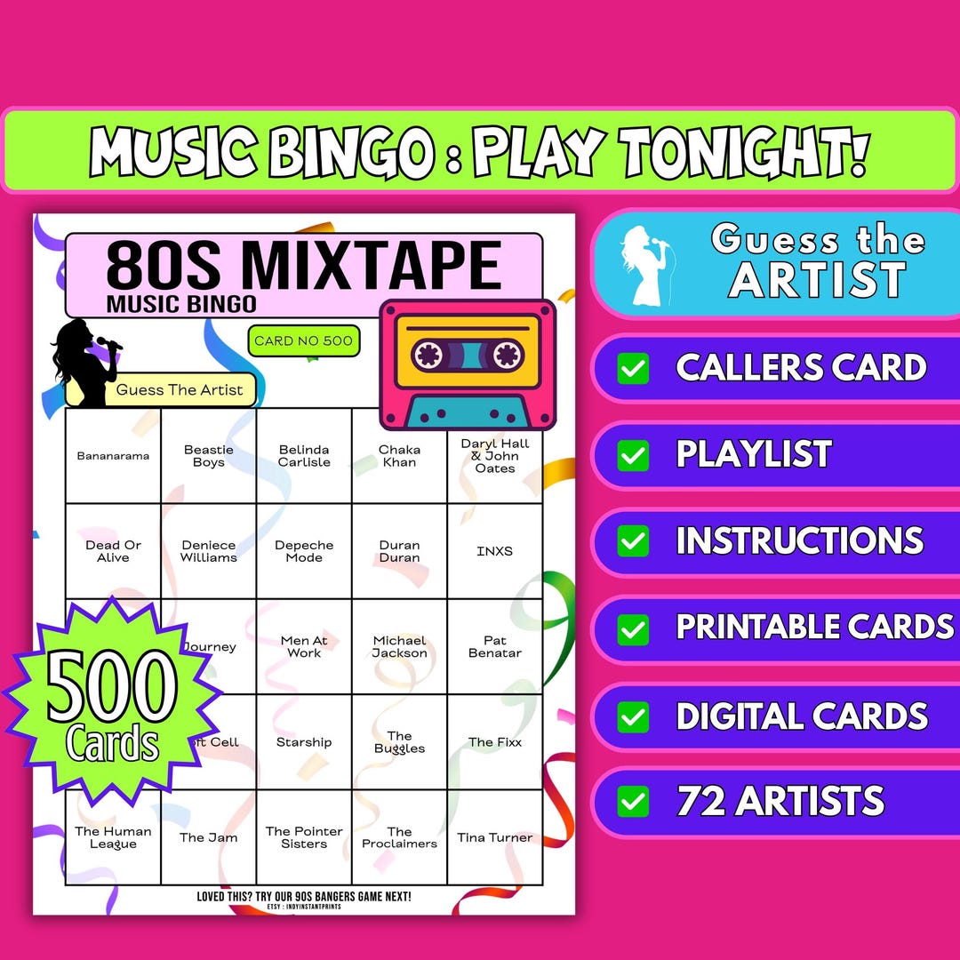 Music Bingo Cards - 80s Mixtape (1980s Hit Songs) | Guess the Artist ...