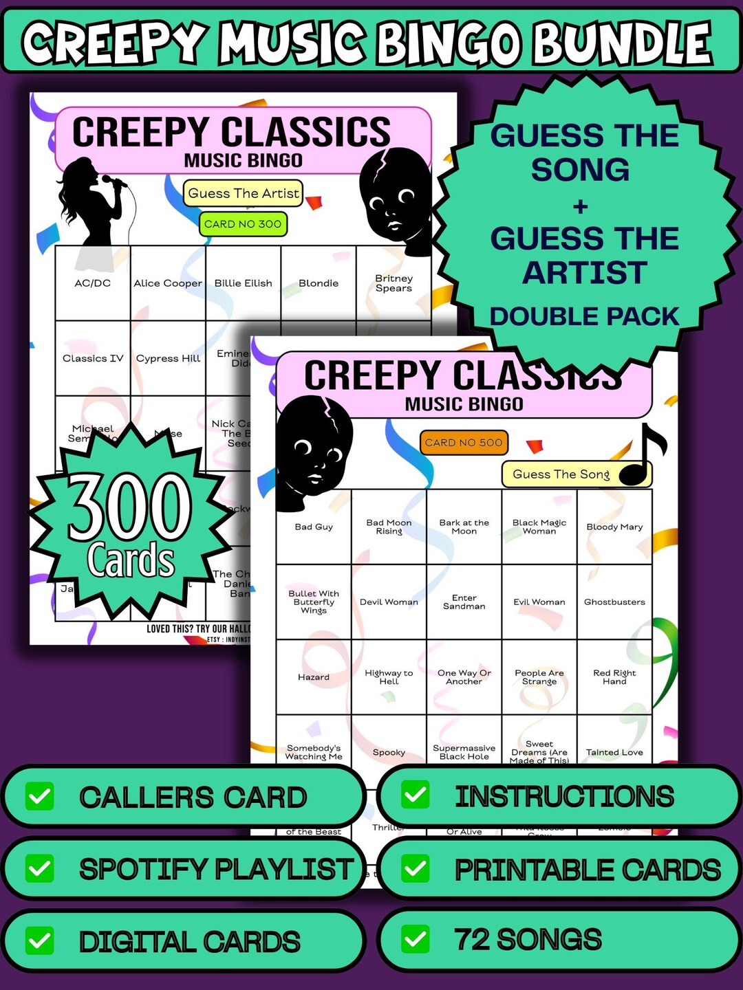 300 Card Creepy Classics Music Bingo Bundle – Guess the Song + Guess ...