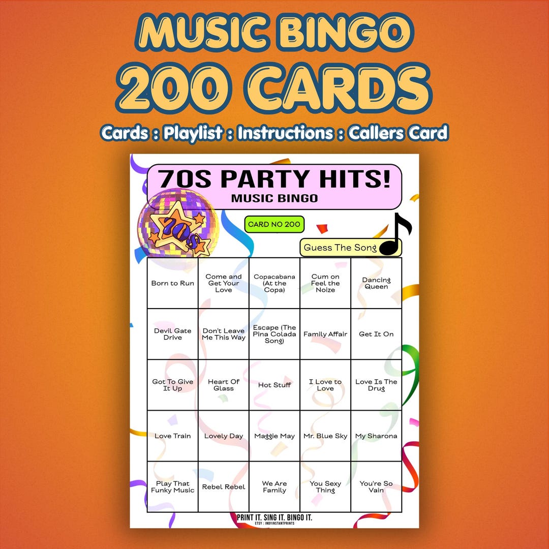 70s Music Bingo Cards – 1970s Party Hits | 200 Cards | Retro Night Game ...