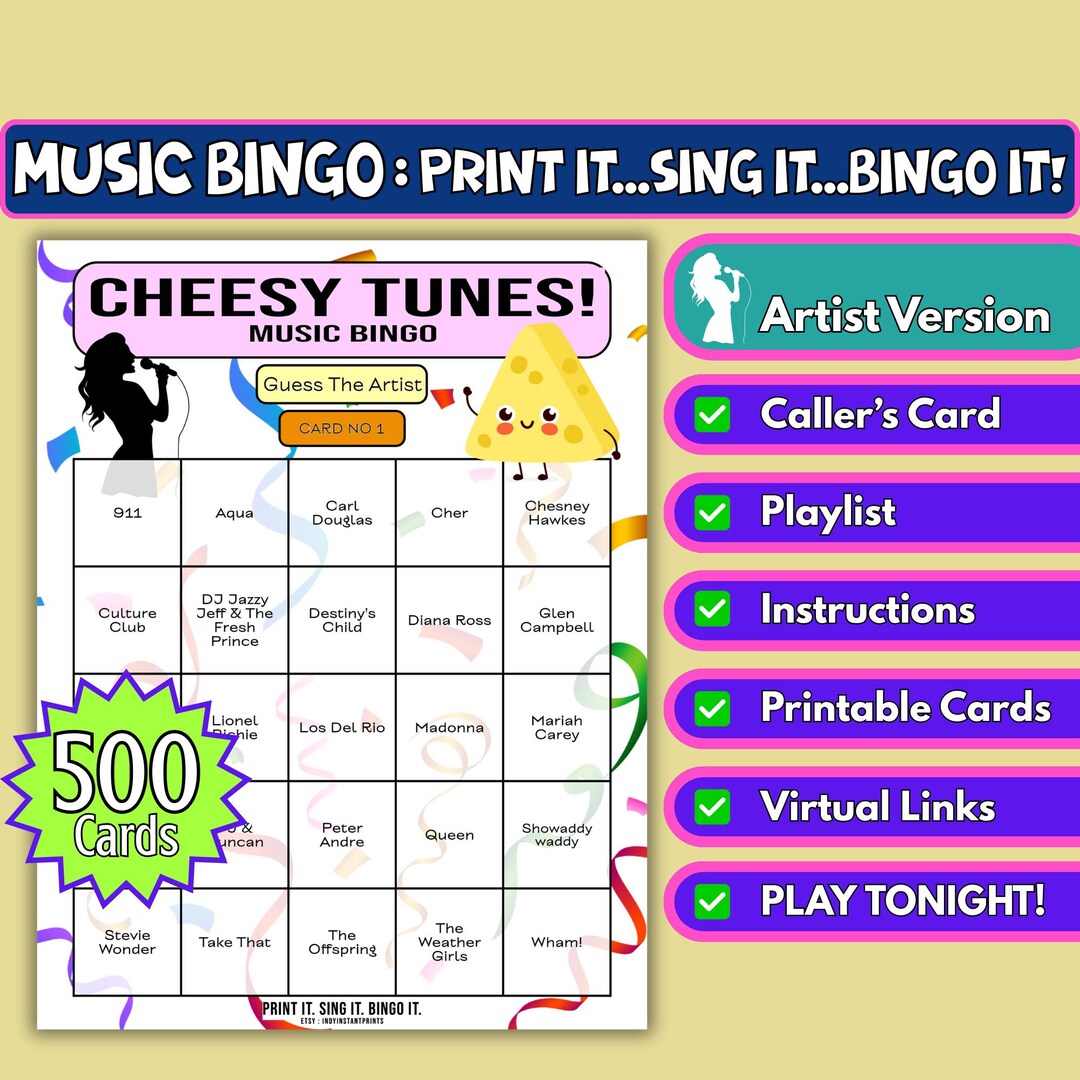 Cheesy Tunes Music Bingo Cards | 500 Cards | Charity Event Game | Guess ...