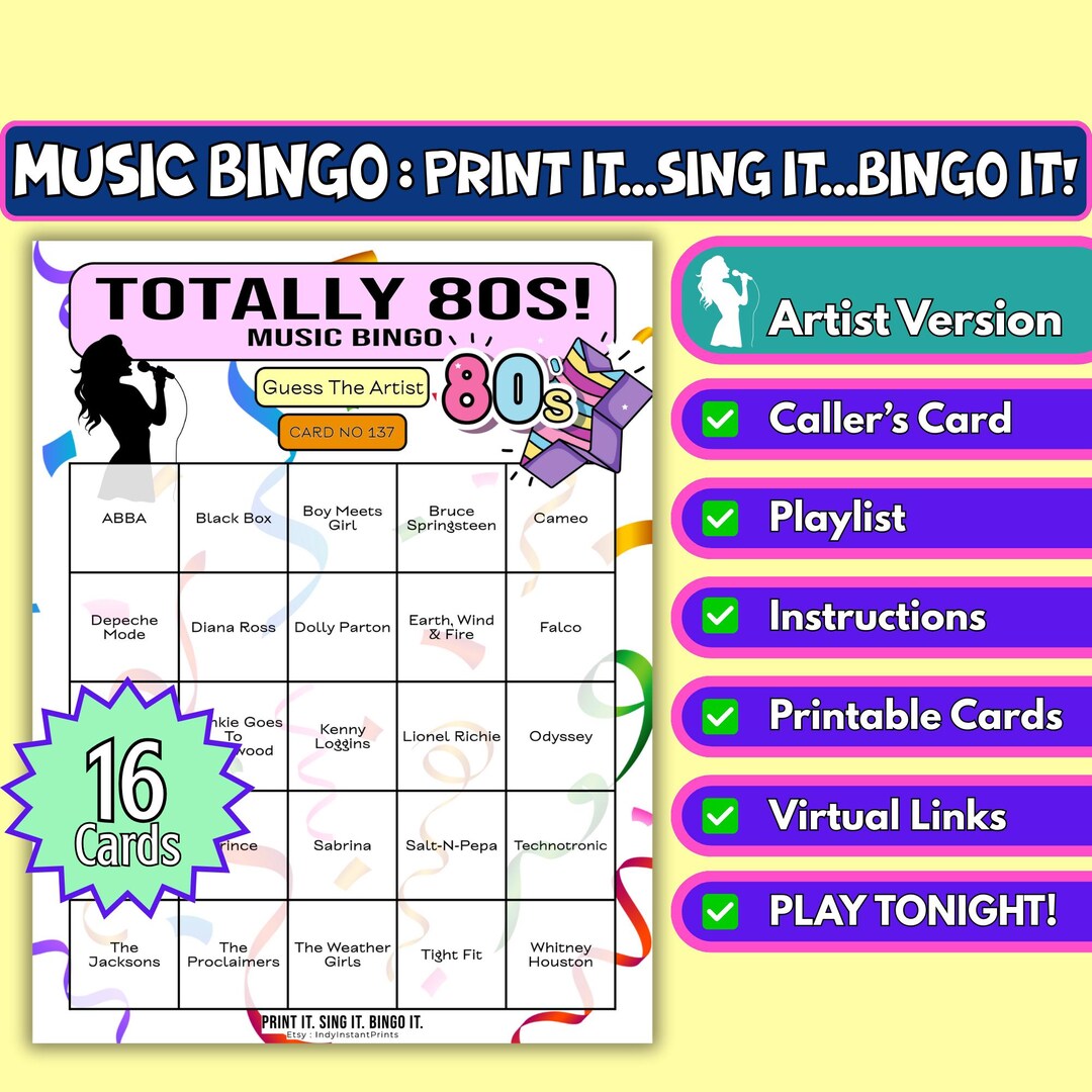 16-card Totally 80s Music Bingo | Artist Format | Printable Party Game ...