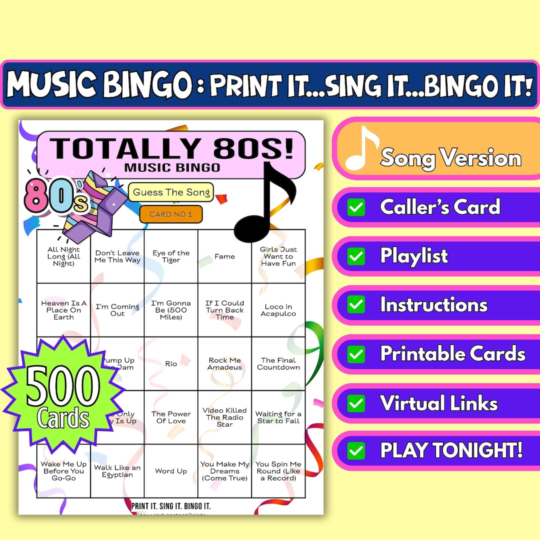 500-card Totally 80s Music Bingo | Song Format | Printable Party Game ...
