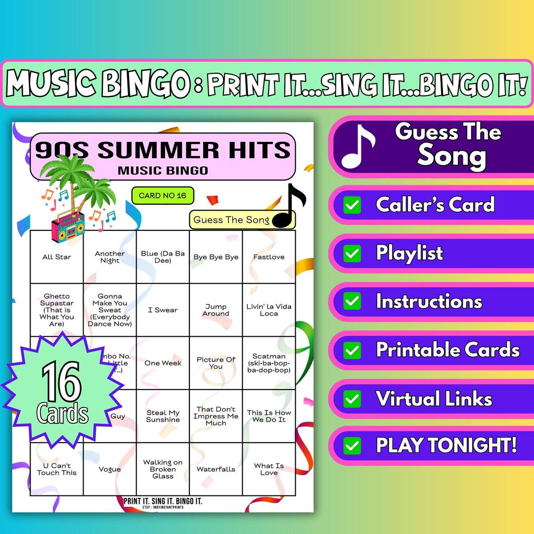 16 Card 90s Summer Hits Music Bingo, 90s Party Mix, 90s Soundtrack ...