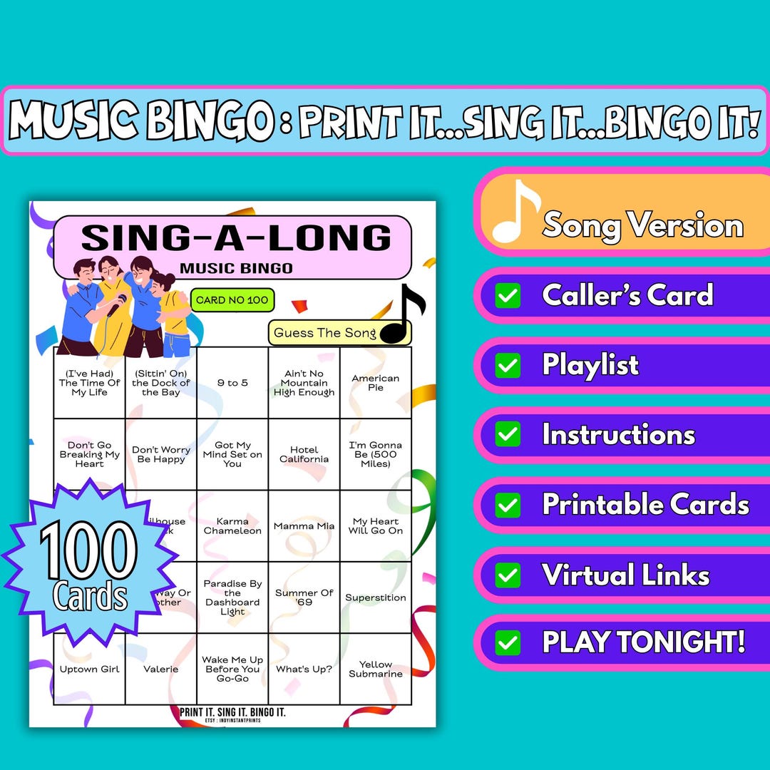 100-card Singalong Hits Music Bingo | Printable Game With Spotify ...