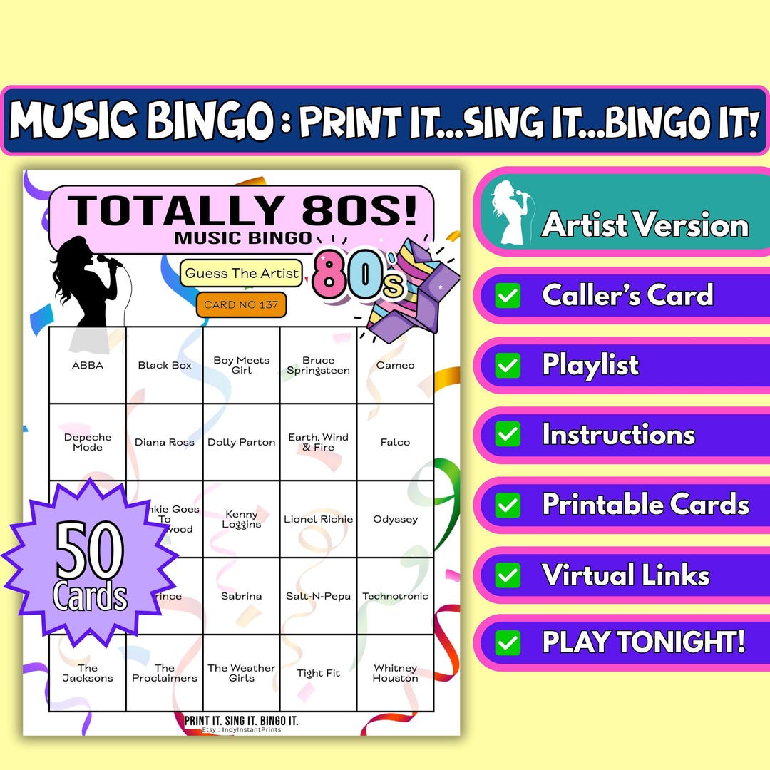 50-card Totally 80s Music Bingo | Artist Format | Printable Party Game ...