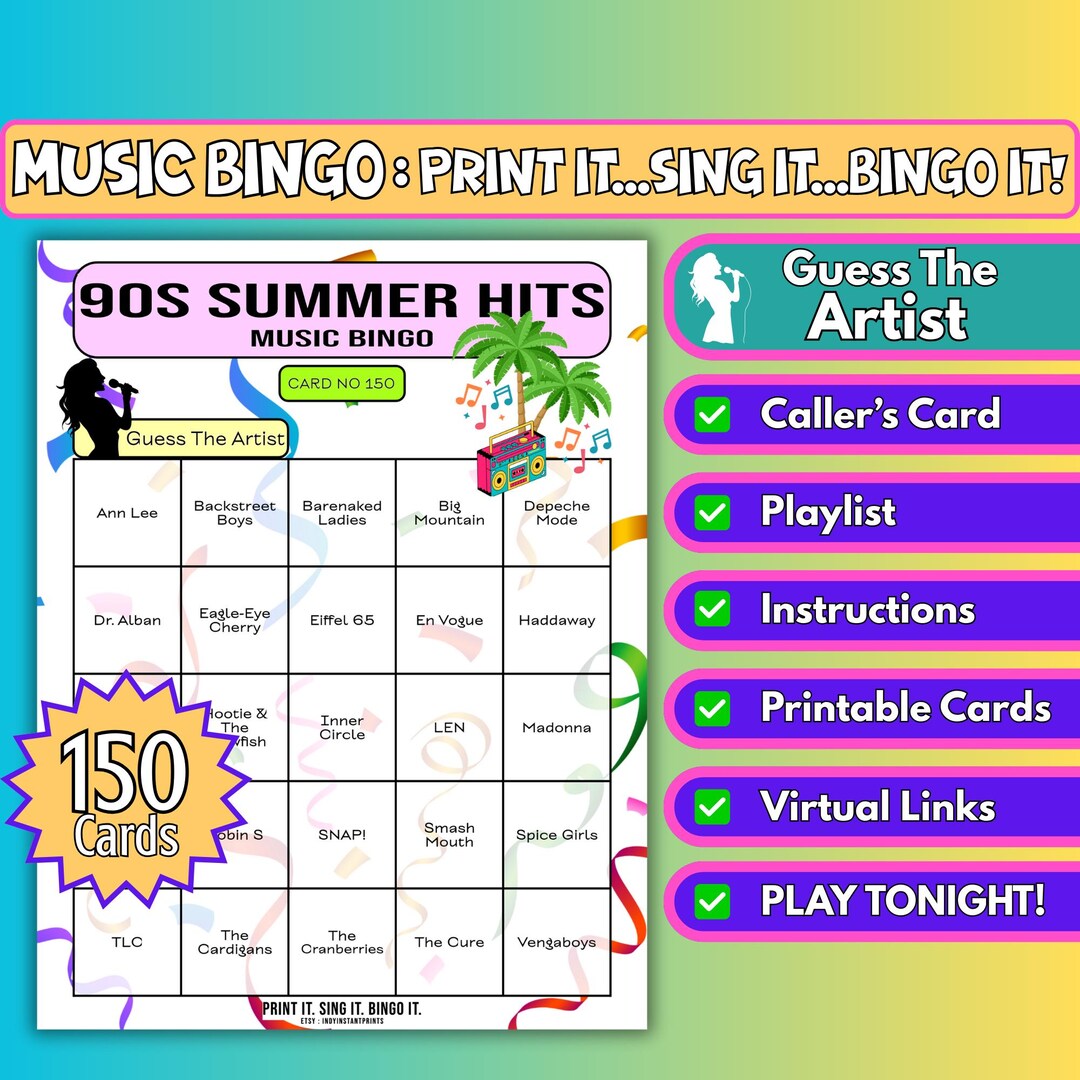 150 Card 90s Summer Hits Music Bingo, 90s Summer Jams, 90s Soundtrack ...