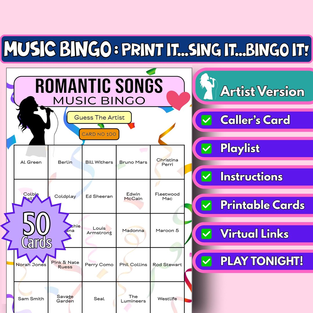 50 Card Love Songs Music Bingo – Valentine’s Party Game for Groups ...