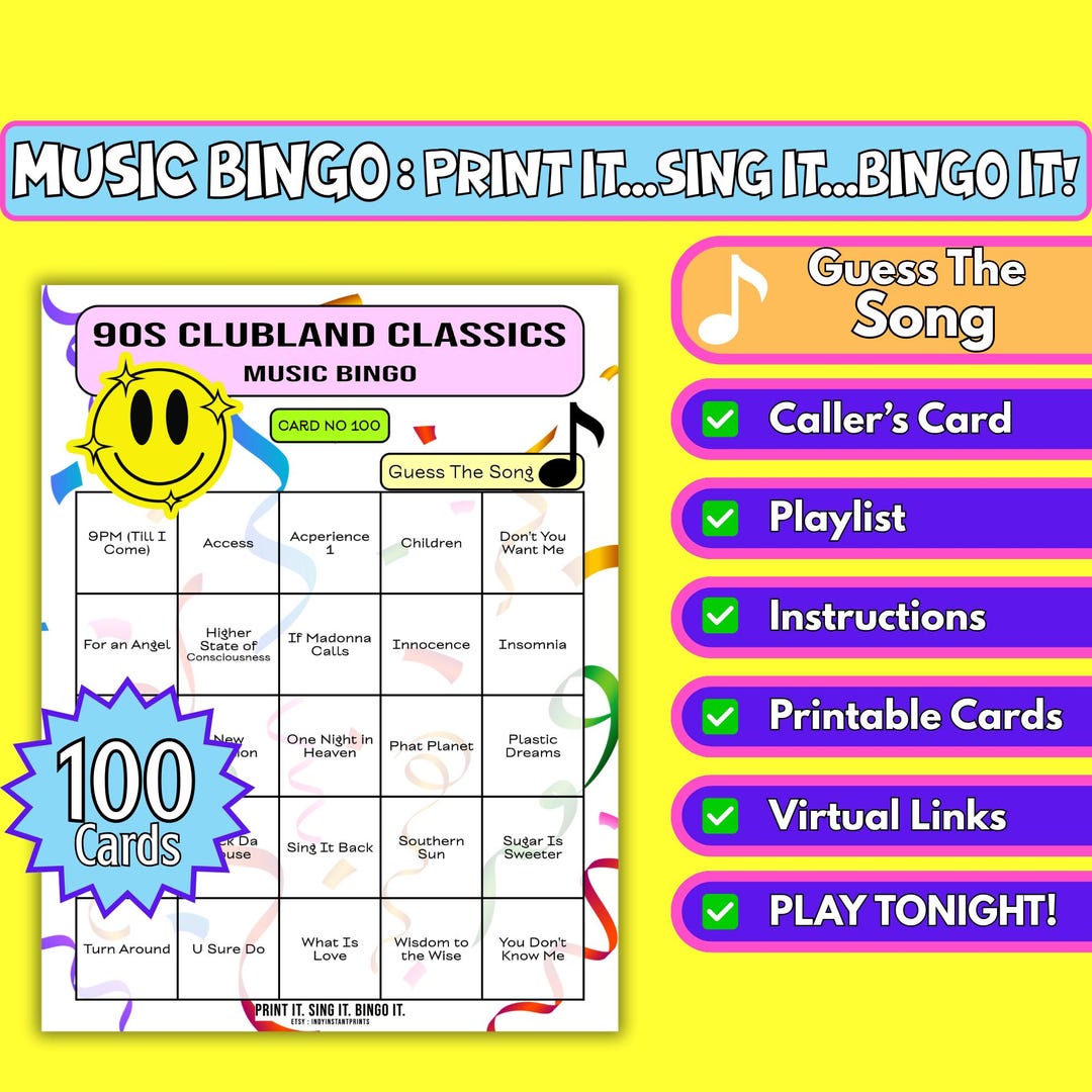 100-card 90s Clubland Classics | Printable Music Bingo for Wedding ...