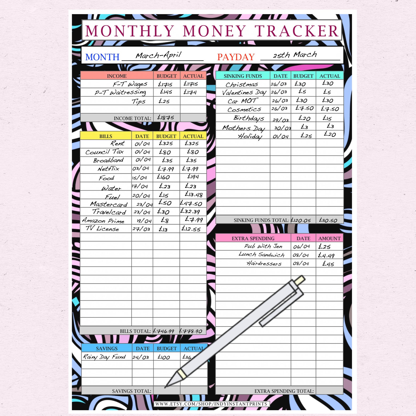Monthly Money Tracker for Budgeting, Spending Tracking & Savings Bill ...