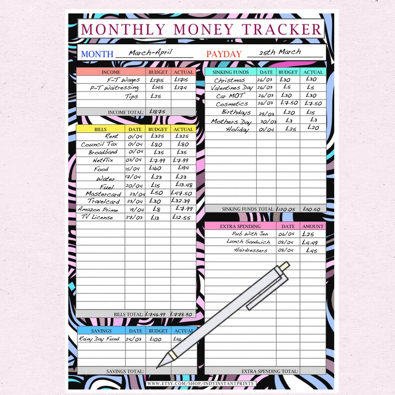 Monthly Money Tracker for Budgeting, Spending Tracking & Savings Bill ...