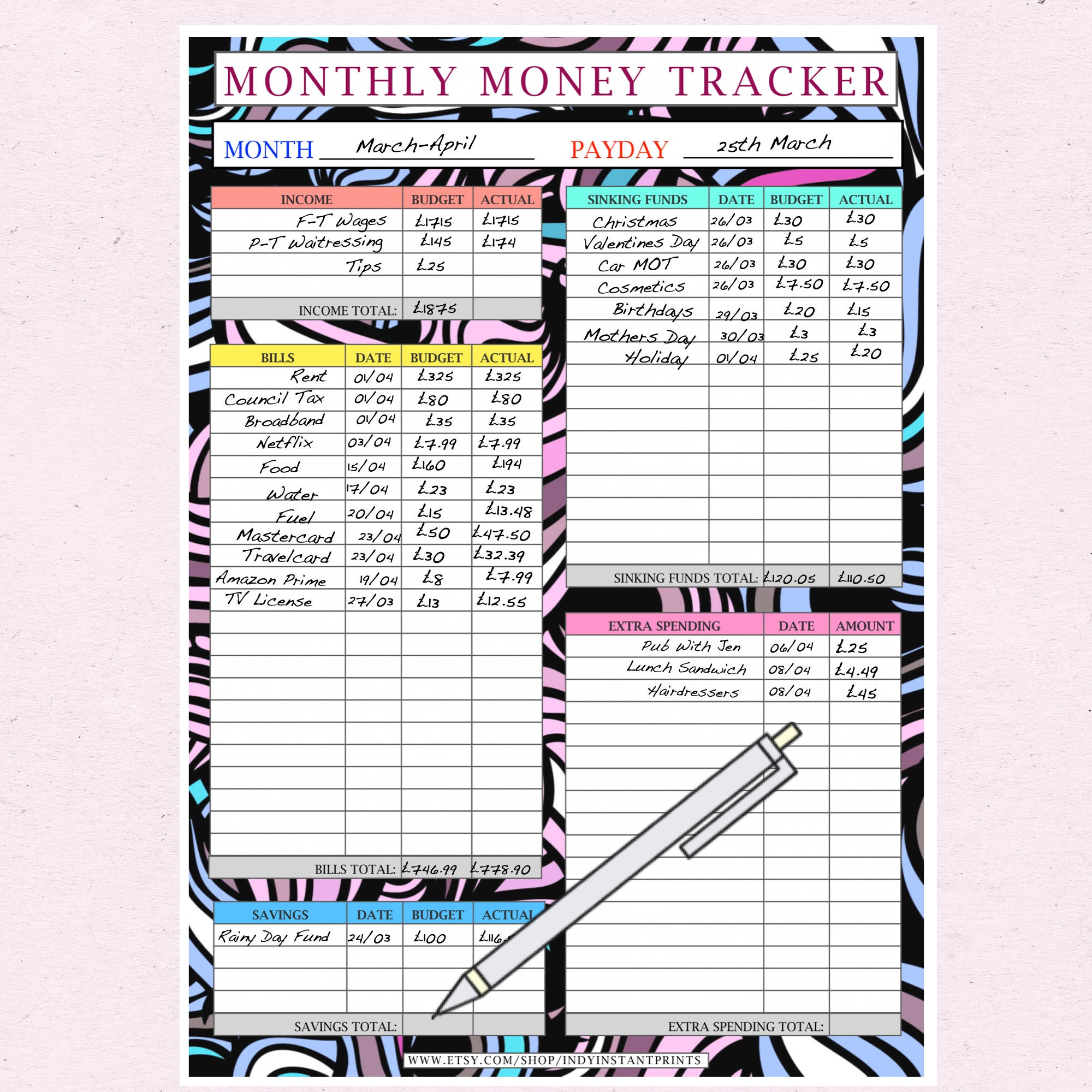Monthly Money Tracker for Budgeting, Spending Tracking & Savings Bill ...