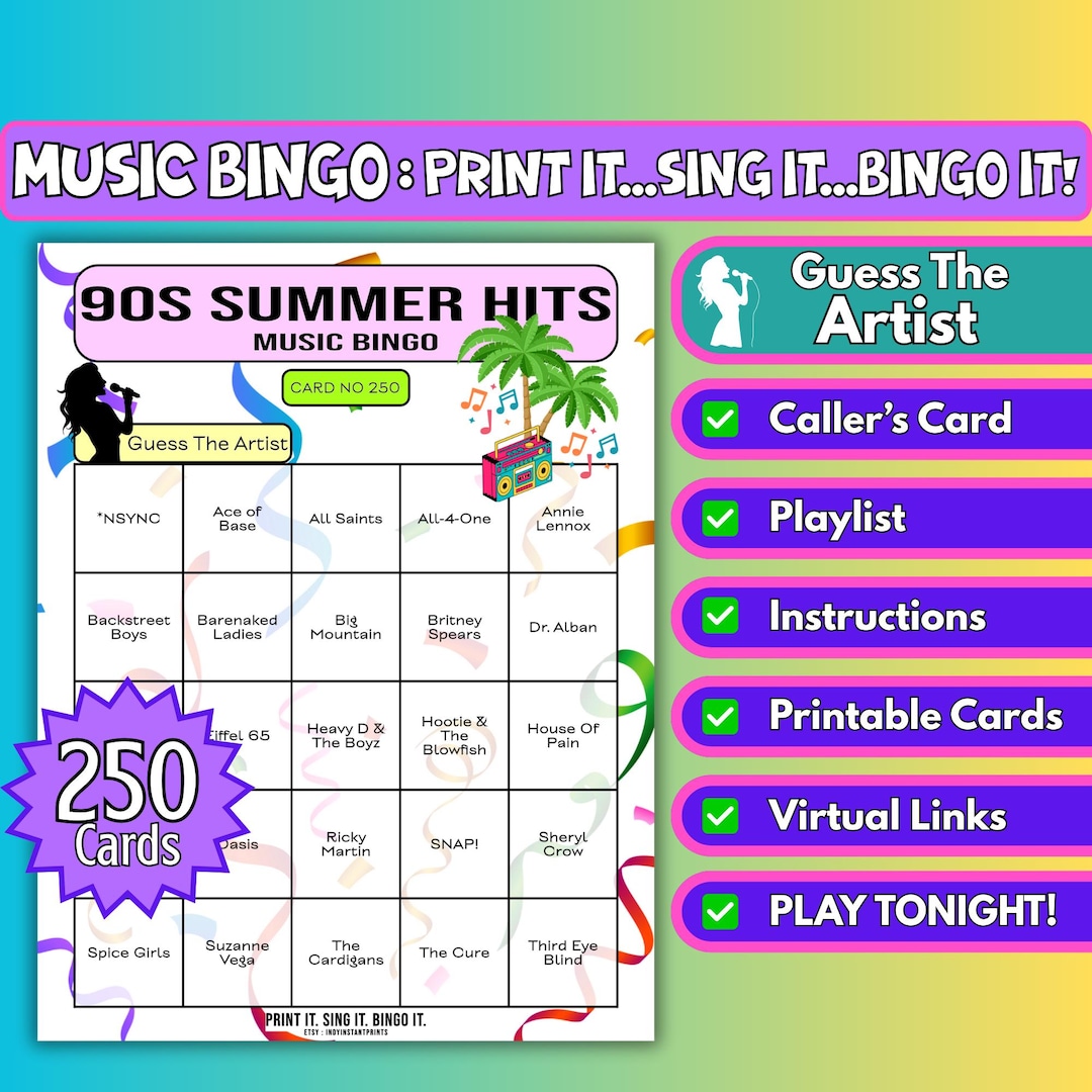 250 Card 90s Summer Hits Music Bingo, 90s Nostalgia, 90s Summer Hits ...