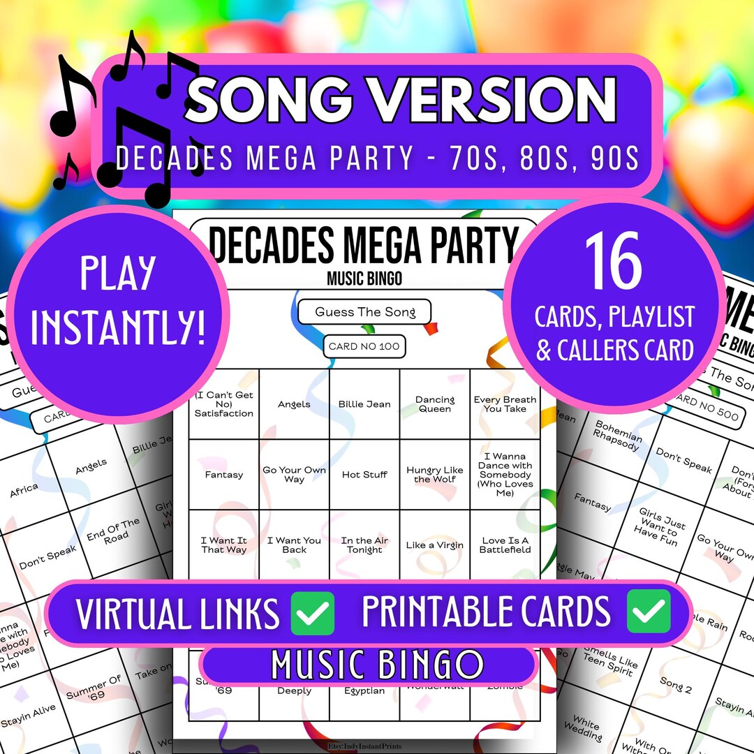 16 Decades Mega Party Music Bingo Game Cards | Printable or Online Game ...
