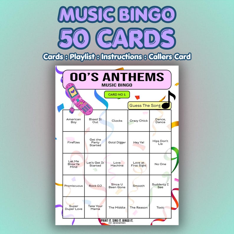 2000s Music Bingo Cards – 00s Anthems | 50 Cards | House Party Game ...