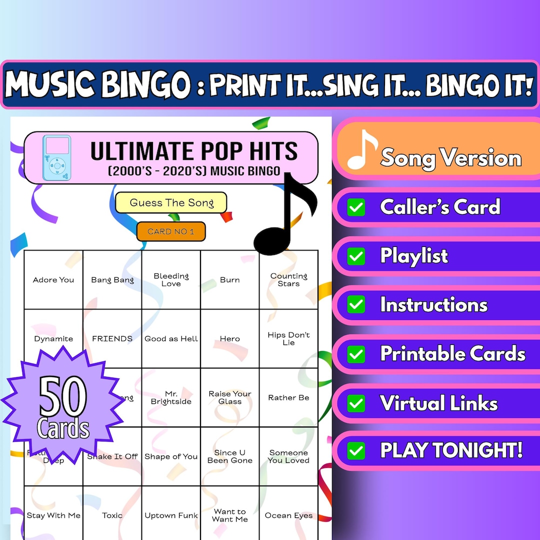 50-card 00s-2020 Pop Hits Music Bingo Cards | Songs Format | Family ...