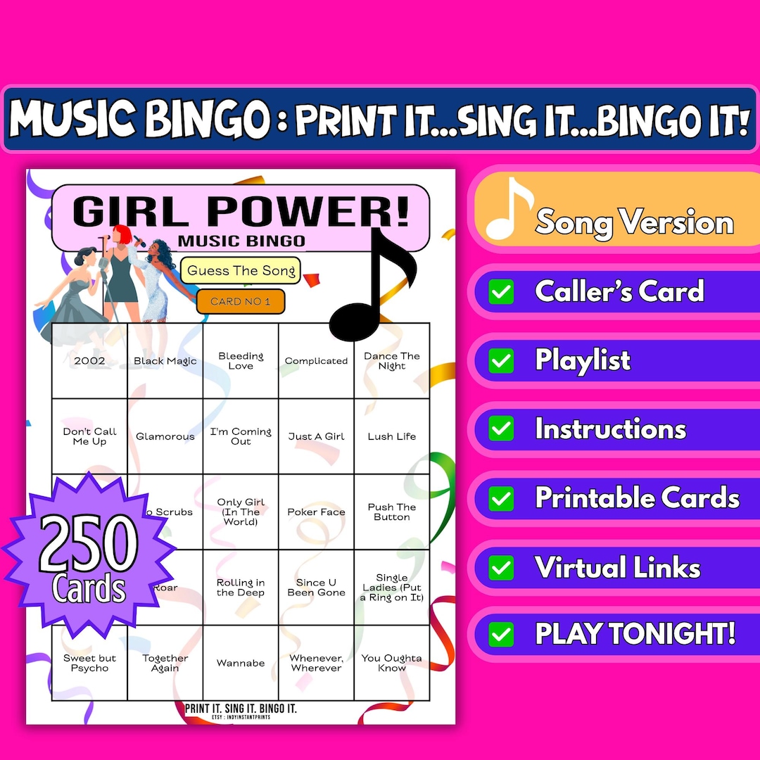 250-card Girl Power Music Bingo | Songs Format | Printable & Virtual ...