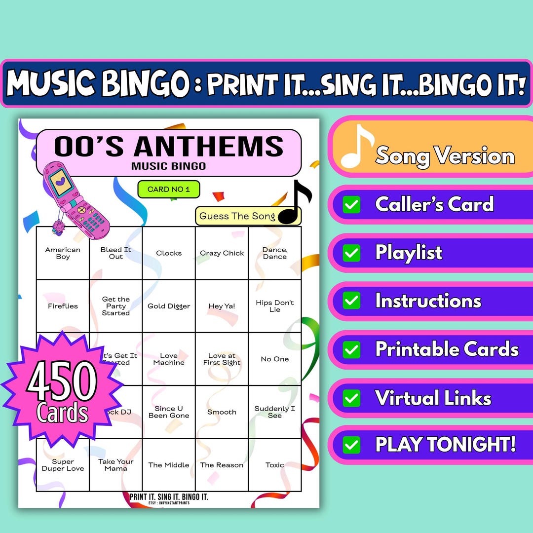Music Bingo Cards - 00s Anthems (2000s Hit Songs) | Guess the Song ...