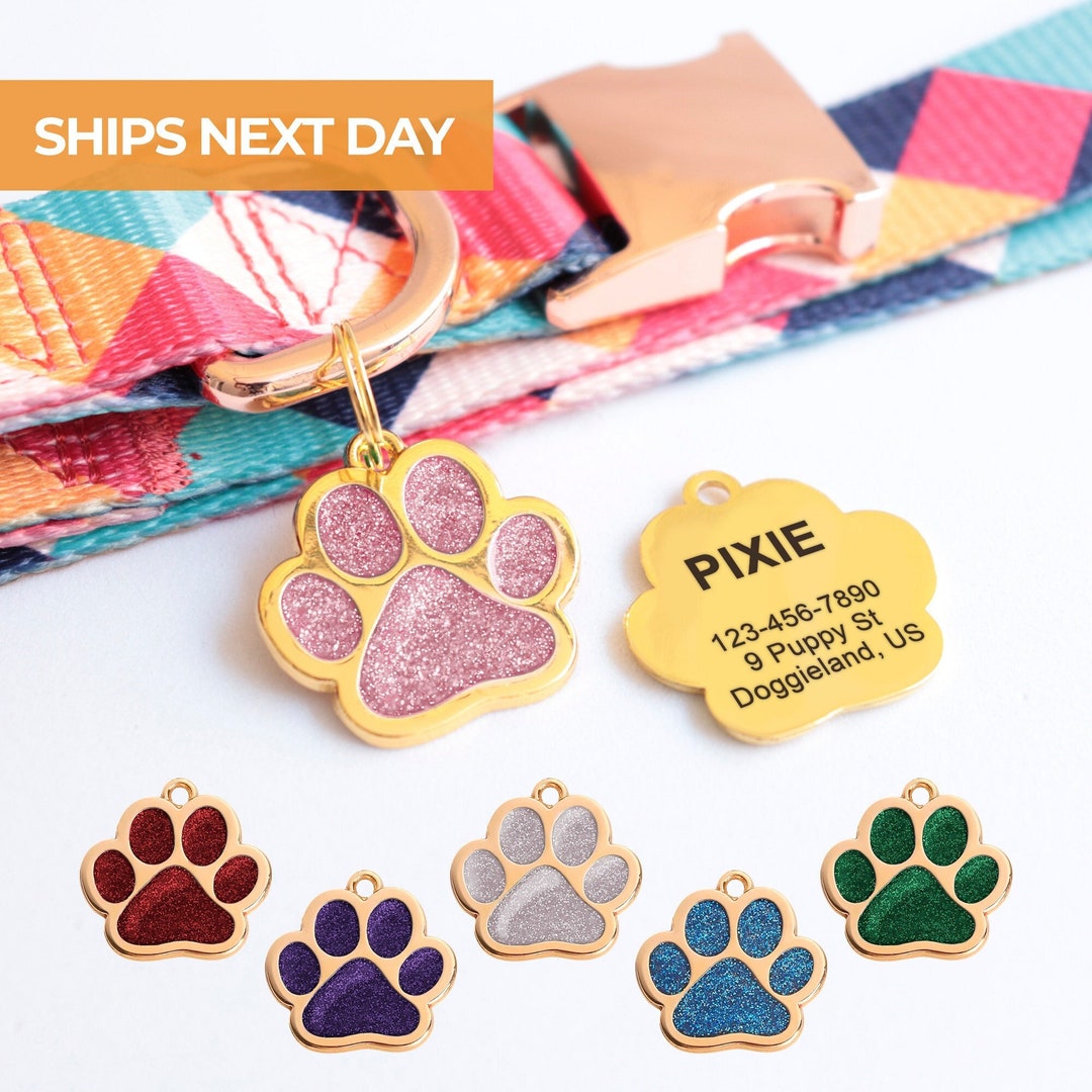 Personalized Paw Pet Name Tags, Custom Engraved Gold Dog ID Tag, Dog ...
