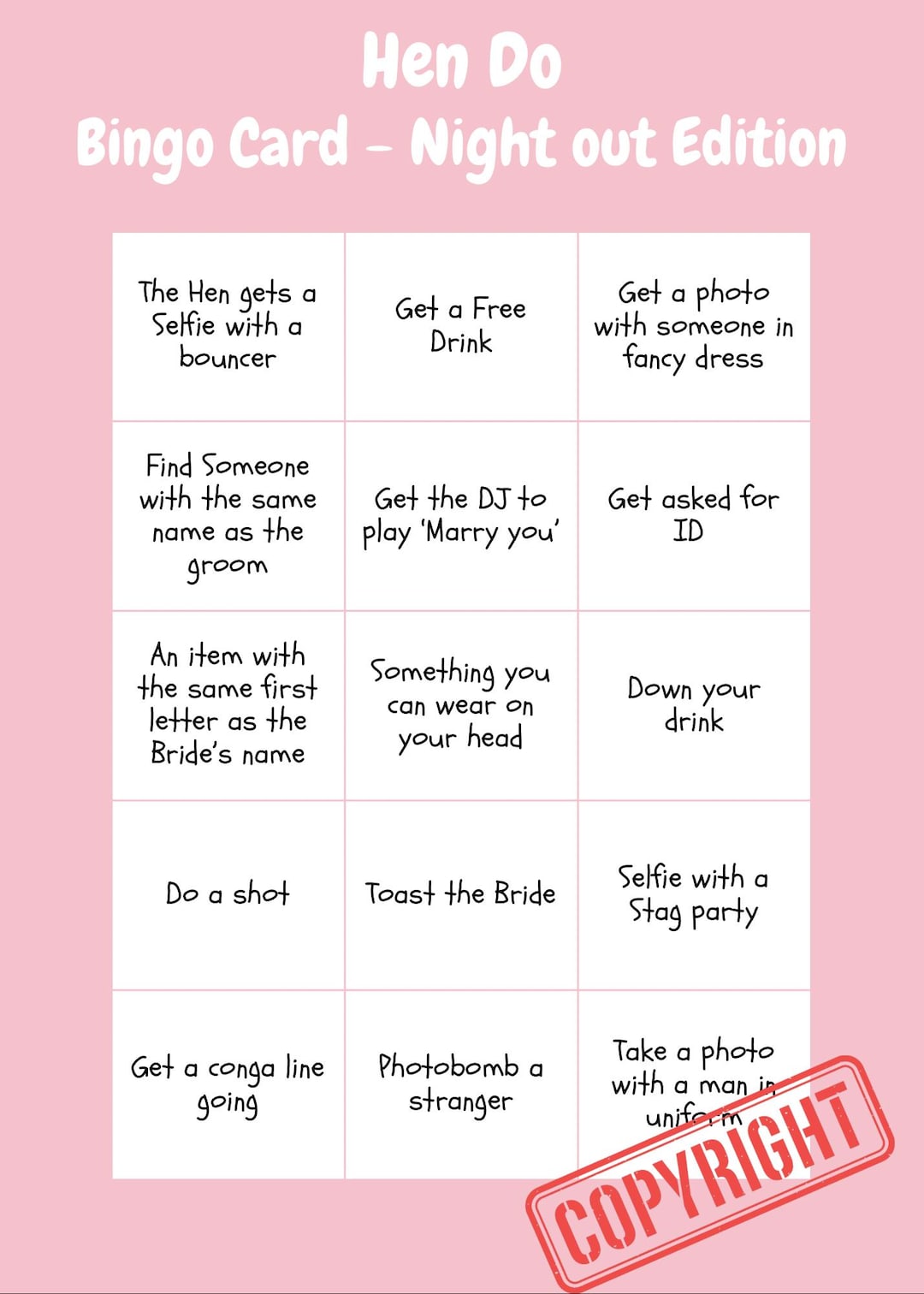 Personalised Hen Do Bingo Cards – Night Out Edition | Funny Hen Party ...