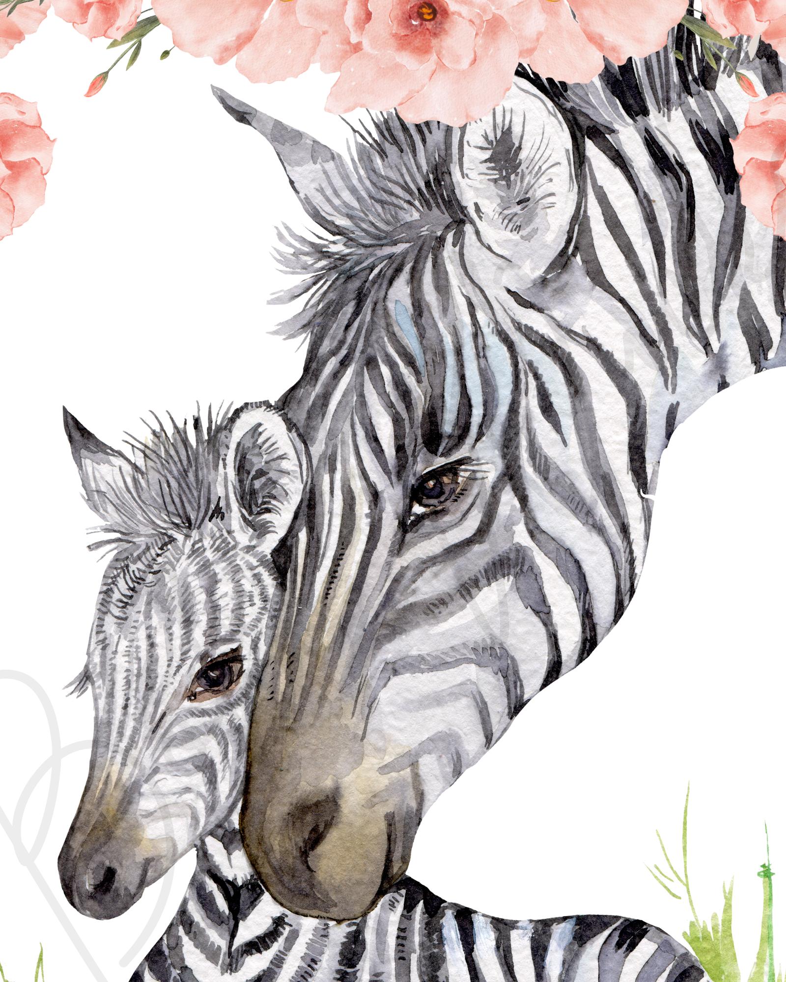 Baby and Mom Watercolor Zoo Animal Nursery Wall Art | Floral Jungle ...